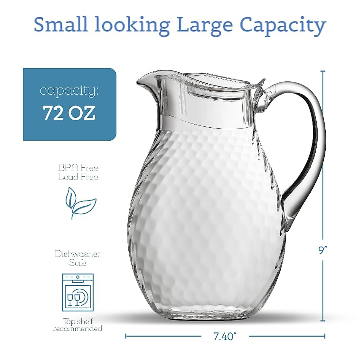 MosJos Acrylic Pitcher (72 oz), Clear Plastic, Water Pitcher with Lid, Shatterproof, BPA-Free Clear Pitcher, Ideal for Sangria, Lemonade, Juice, Iced Tea & More (Clear - Disign)