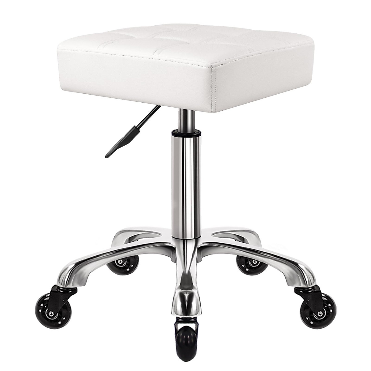 WKWKER Modern Heavy Duty Rolling Stoool Square Thick Leather Seat 360 Swivel Stool with Wheels Height Adjustable Stool Chair for Home Kitchen Drafting Lab Office Salon Massage（White）