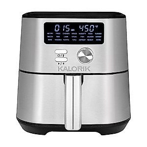 Kalorik MAXX® Digital Air Fryer| 4 Quart 7-in-1 Oilless Fryer with 7 Cooking Functions | LED Display with 21 Smart Presets | Nonstick Air Frying Basket | Recipe Book | 1600W | Stainless Steel & Black