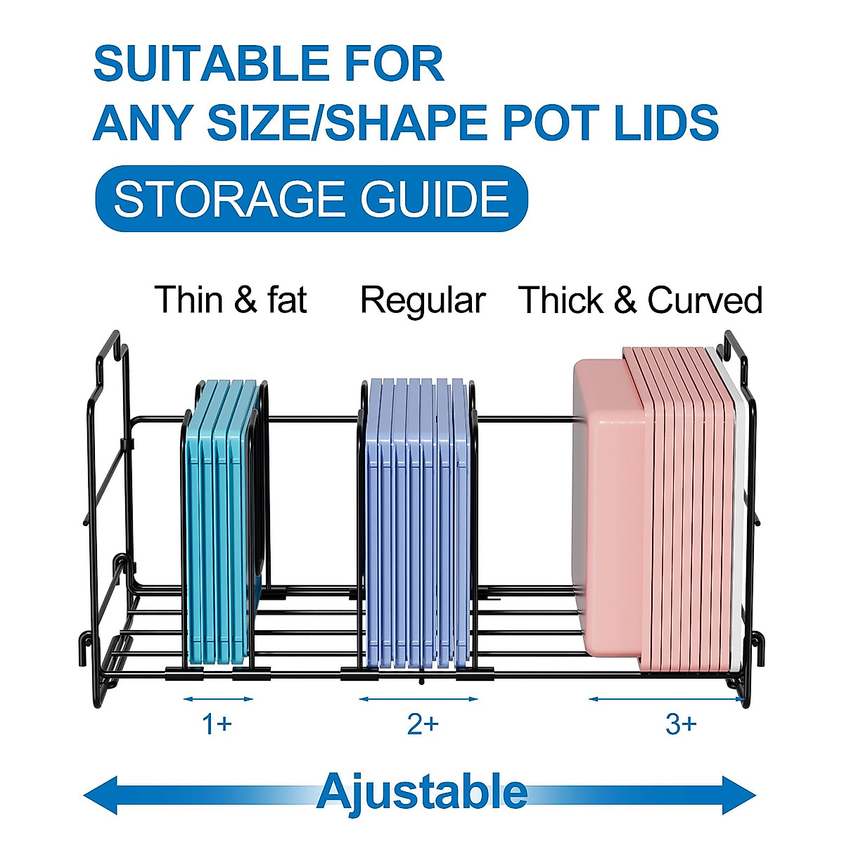 GAGUIUP Food Container Lid Organizer, Large Capacity Adjustable 4 Dividers Detachable Lid Organizer Rack for Kitchen Cabinets, Drawers, Plastic Lid Organizer For Pantry Shelves, Cupboards, Black