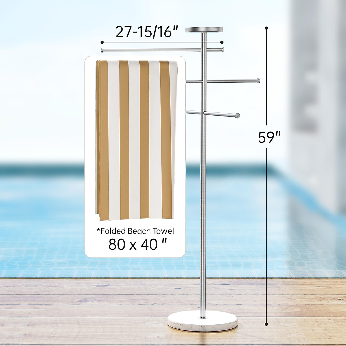 Natural Marble Outdoor Towel Rack with Weighted Base, KES 5-feet Outdoor Towel Rack for Hot Tub 18/8 Stainless Steel, Adjustable 3 Arms with Storage Tray, Brushed Finish OTR200-2