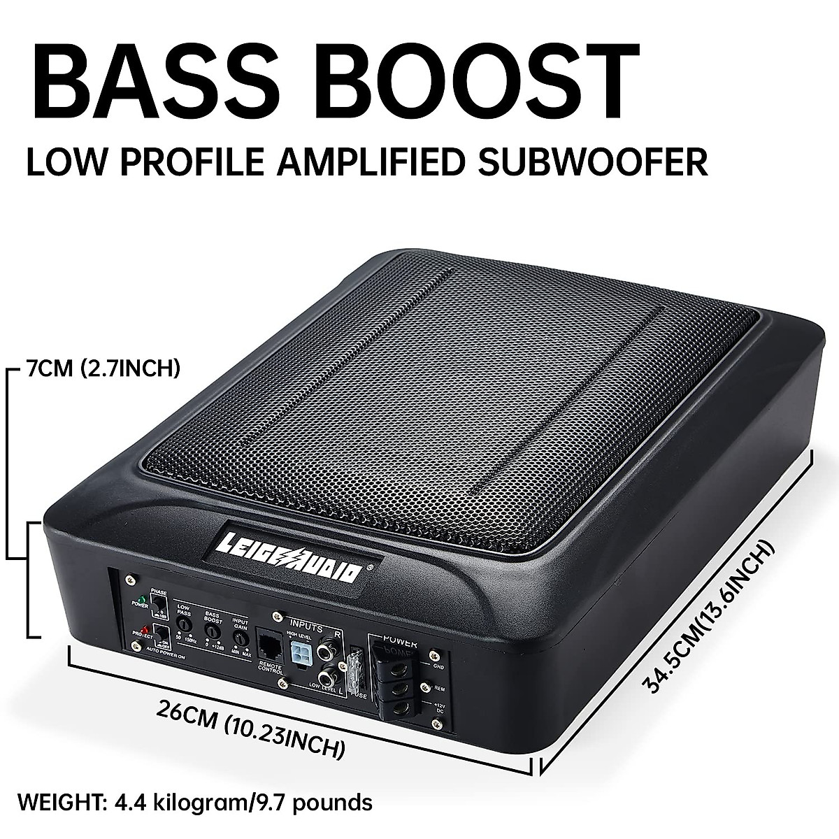 LEIGESAUDIO 800 Watt Compact Powered Subwoofer for Cars - 10" Slim Under-Seat Subwoofers, Remote Subwoofer Contorl for Vehicles Needing Bass with Limited Space, Bulit in Amplifier for Car Boat RV ATV
