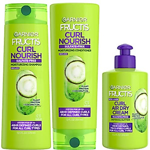 Garnier Fructis Curl Nourish Sulfate Free Moisturizing Shampoo, Conditioner + Air Dry Cream Defining Butter Set (3 Items), 1 Kit (Packaging May Vary)