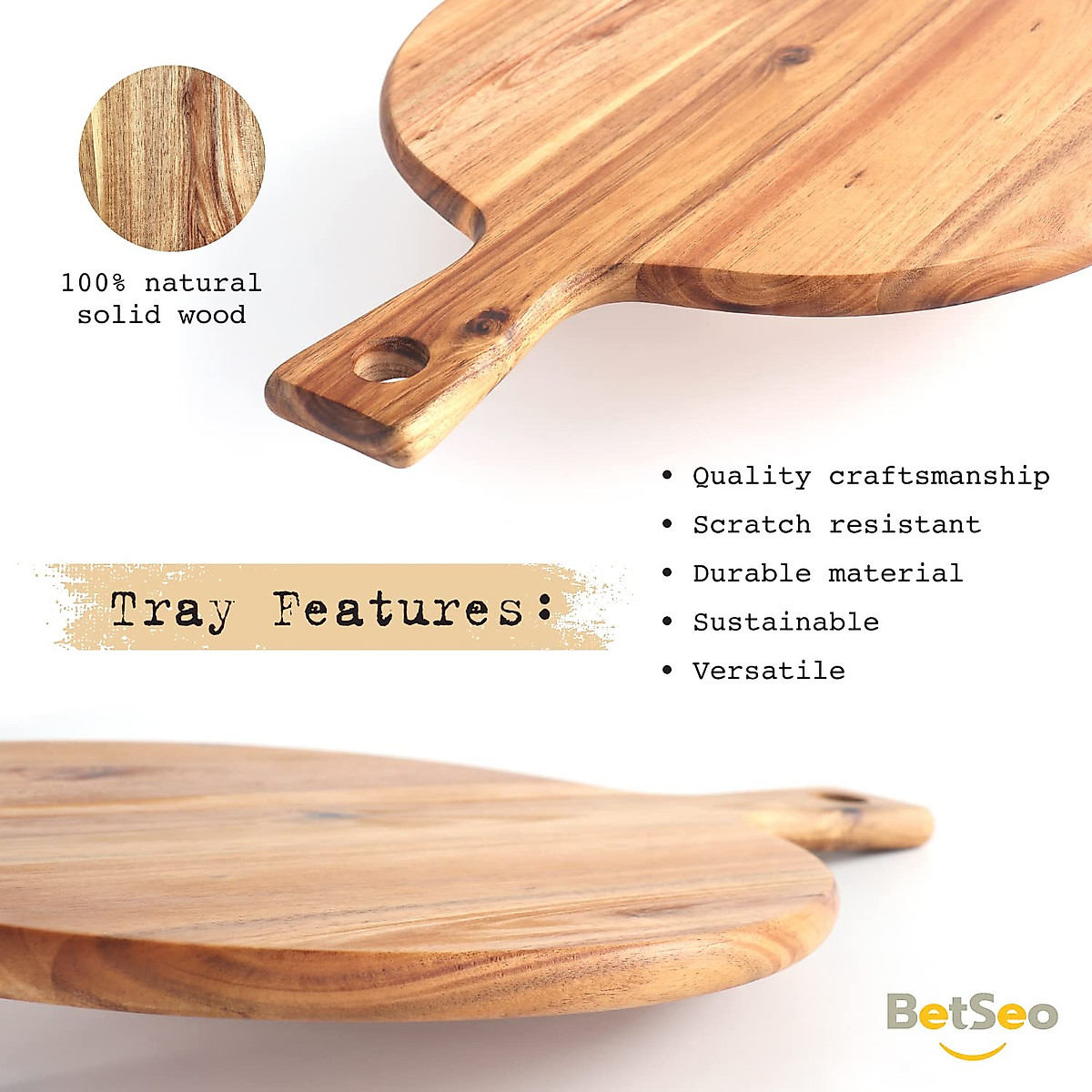 PREMIUM ACACIA Wood Cutting Board with Handle (10"x16") Rectangular Acacia Wooden Kitchen Chopping Boards for Meat, Cheese, Bread, Vegetables & Fruits. (1Pcs-Round Cutting Board)