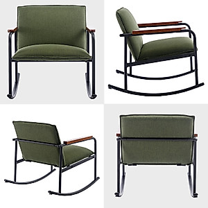 DUOMAY Modern Accent Rocking Chair, Mid Century Upholstered Glider Rocker Armchair with Metal Base Linen Fabric Nursery Glider Chair with Wooden Grips for Living Room Bedroom, Green