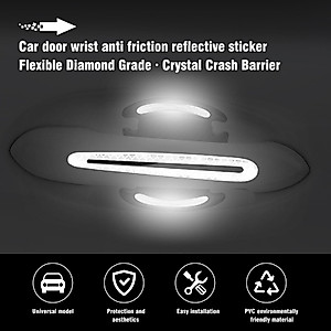 Yumfugu 8 PCS Car Door Handle Sticker, 4 PCS 3.5In x 3.2In Reflective Rubber Vehicle Door Bowl Stickers, 4 PCS 3.5In x 0.5In Handle Protection Film, Universal Warning Protector (White)