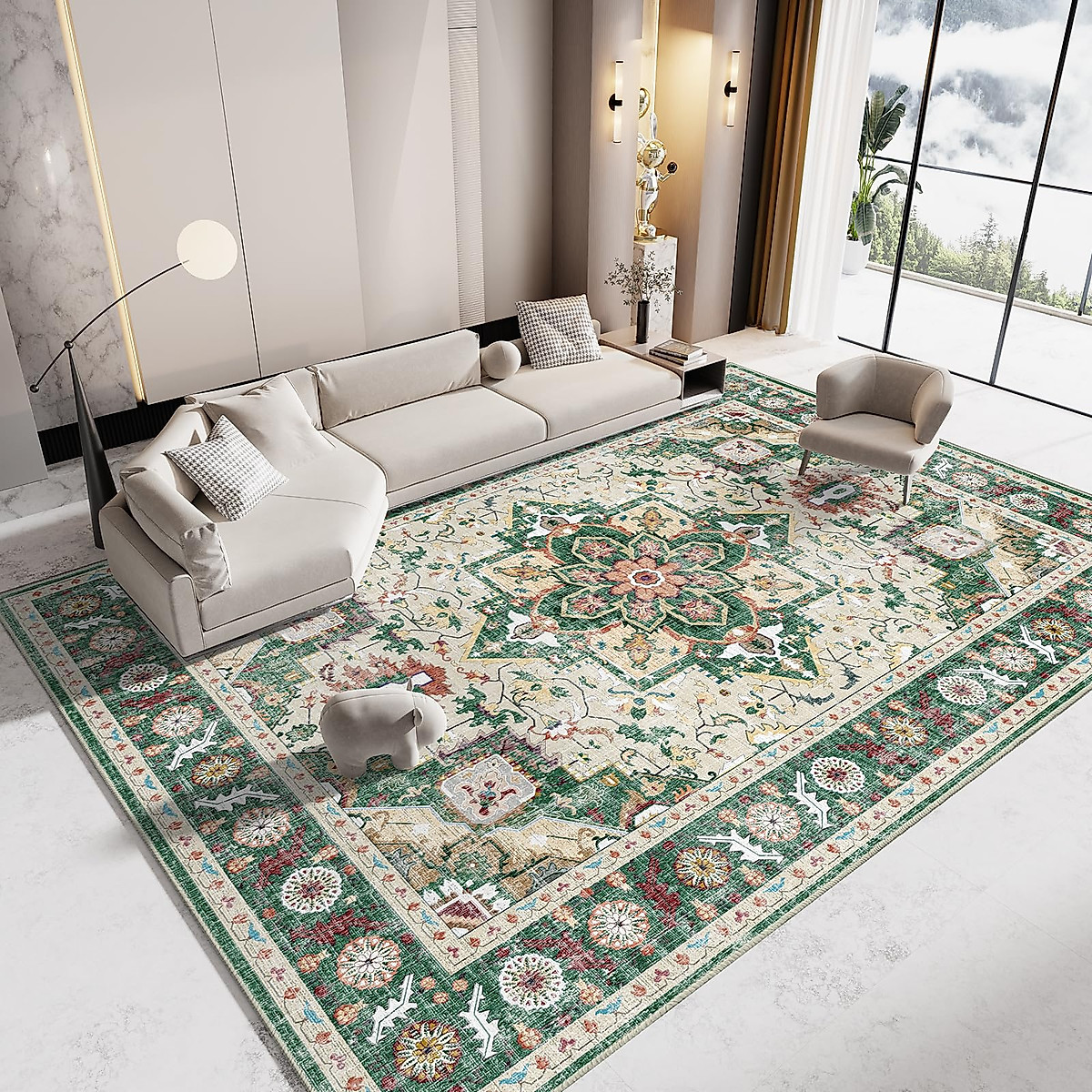 Vamcheer Washable Area Rug - Green Vintage 5x7 Area Rugs for Living Room, Bedroom, Machine Washable Rug Non-Slip Backing, Ultra-Soft Low Pile Carpet