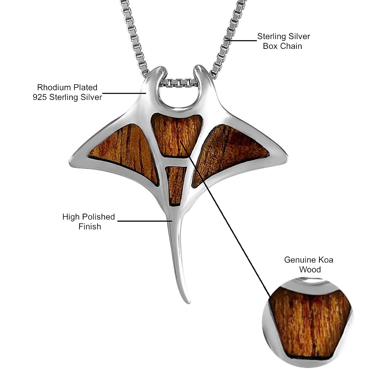 925 Sterling Silver Hawaiian Manta Ray Opal Koa Wood Larimar Gemstone Necklace Pendant with 18" Box Chain, Nickle Free Hypoallergenic for Sensitive Skin, Gift Box Included (Koa Wood)