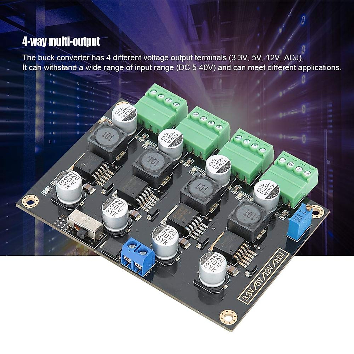 Multi-Channel Power Supply Module with 3.3V/5V/12V/ADJ, Adjustable Voltage Output Buck Converter with Four and high Performance LM2596 Chips