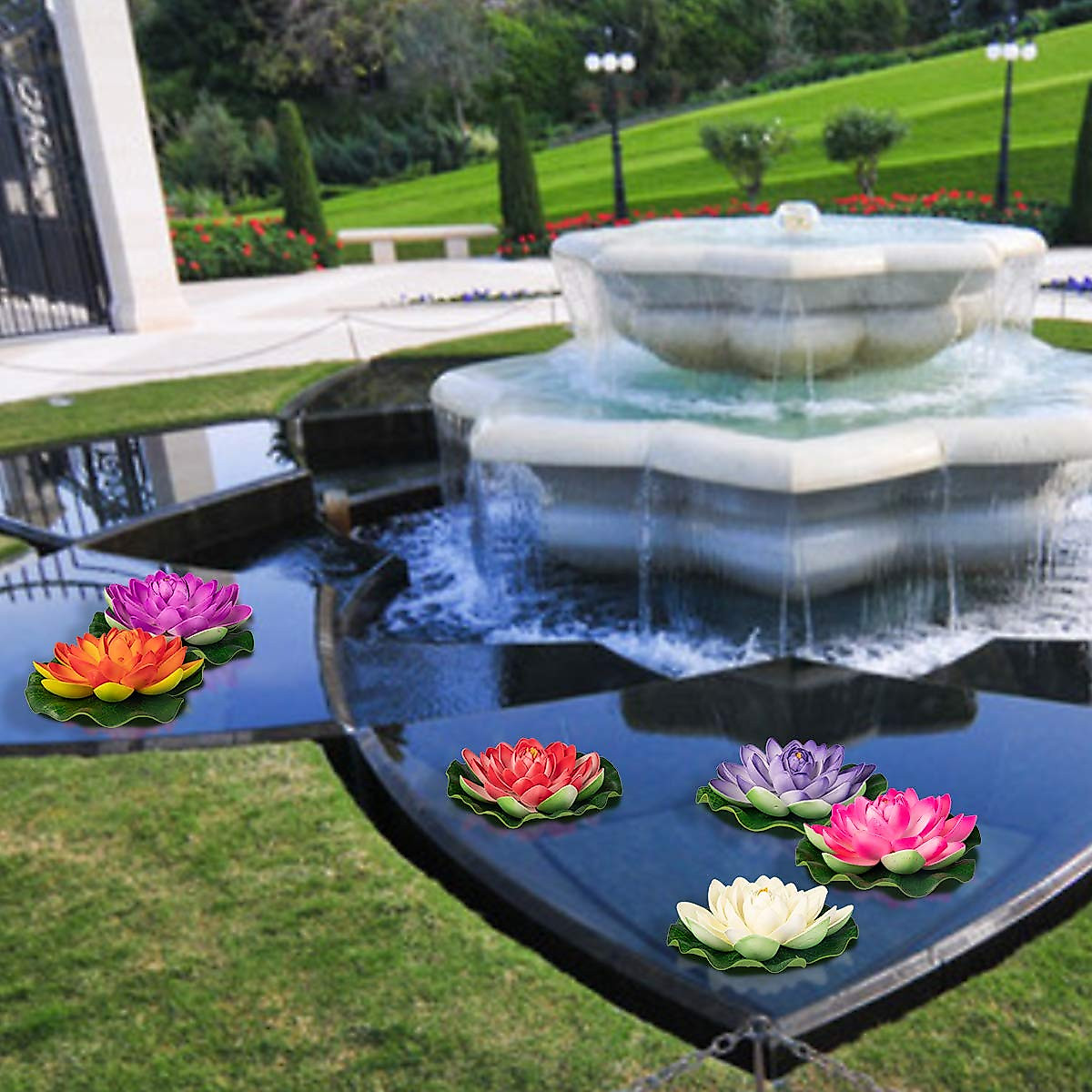 Linyida 7PCS Artificial Floating Foam Lotus Flowers,Artificial Water Lily Pads，Lotus Lilies Pad Ornaments for Patio Koi Pond Pool Aquarium Home Garden Wedding Party Holiday Event Decorations。Colorful