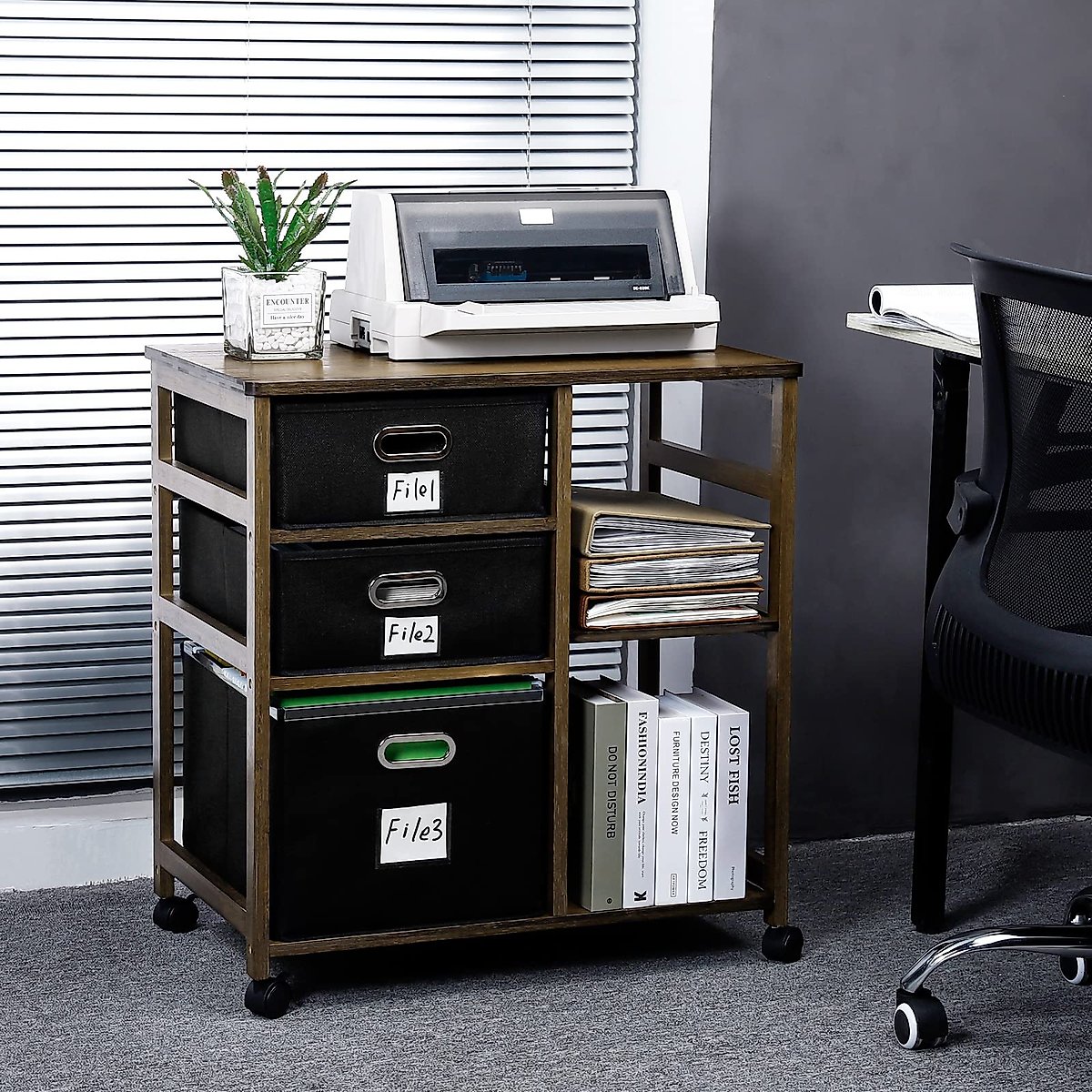 Homde 3 Drawer Bamboo File Cabinet Whit Wheel,Mobile Office Lateral File Cabinets,File Folders for Filing Cabinet,Printer Stand with Open Storage Shelf fits A4 Letter Size for Home Office,Brown