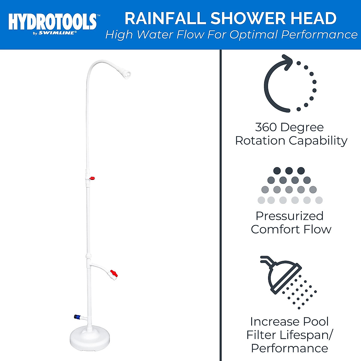 HYDROTOOLS By SWIMLINE Tube Style 7 Foot Poolside Shower, Adjustable Head & Foot Tap Spigot With Valve Controls, Standard Garden Hose, Environmentally Friendly, Outdoor Backyard Poolside Beach Spa