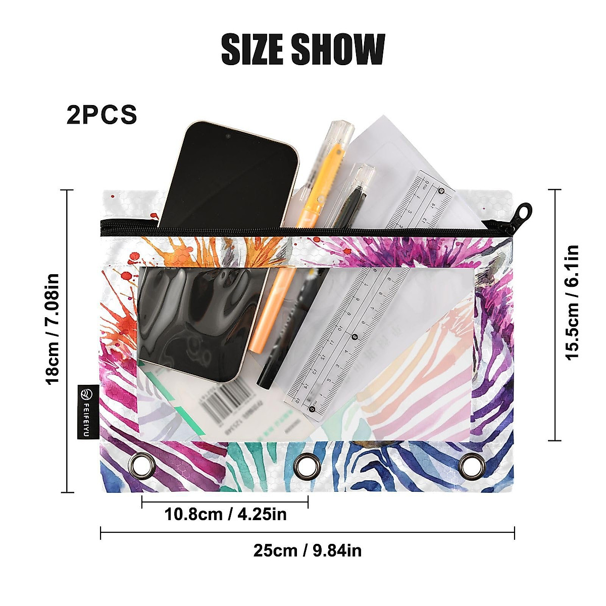 MAOBLYR Cute Watercolor Zebra Standard 3-Ring Zipper Clear Binder Pocket,Large Capacity Office 7 x 9In (2 PCS)
