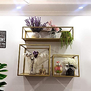 PIBM Stylish Simplicity Shelf Wall Mounted Floating Rack Shelves Iron Art Display Stand Bookshelf Cd Storage Simple Background Wall Living Room,4 Sizes, Gold , 35X25X35cm