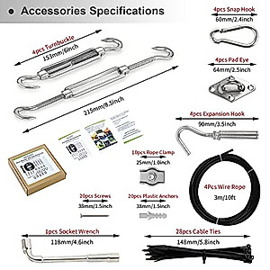 Garden expert Shade Sail Hardware Kit with Nylon Coated Cable Wire, 304 Stainless Steel Installation Kit for Rectangle Triangle Sun Shade Capony for Outdoor Patio Garden