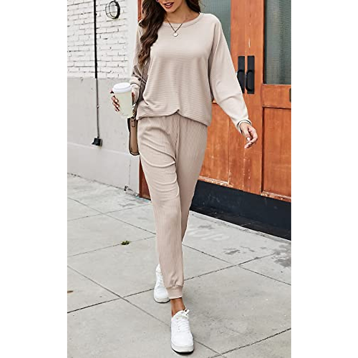 PRETTYGARDEN Women's 2023 Fall Fashion Outfits 2 Piece Sweatsuit Solid Color Long Sleeve Pullover Long Pants (Apricot,Medium)