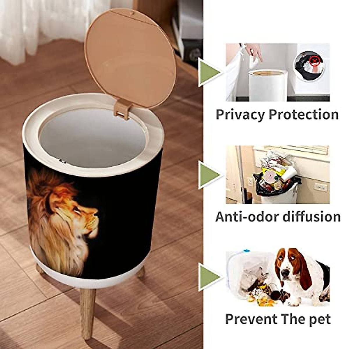 IBPNKFAZ89 Small Trash Can with Lid African Lion Profile Portrait Isolated on Black Spectacular Dramatic Garbage Bin Wood Waste Bin Press Cover Round Wastebasket for Bathroom Bedroom Office Kitchen