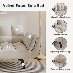 Olela Futon Sofa Bed, Convertible Sleeper Couch 74" W Modern Velvet Loveseat with Adjustable Backrests and Solid Wood Legs for Living Room, Bedroom, Small Space (Beige)