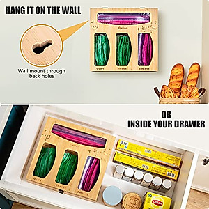 AKAT HOME Bamboo Ziplock Bag Storage Organizer & Baggie Dispenser for Kitchen Drawer – Wooden Zip Lock Container Holder Wall Gallon,Sandwich,Snack,Quart (Flip, Engraved, - M1)