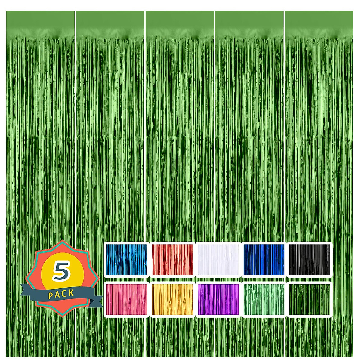 PABUES 5 Pack 3.3x9.9 Feet Green Foil Fringe Backdrop Curtains, Tinsel Streamers Birthday Party Decorations, Fringe Backdrop for Graduation, Baby Shower, Gender Reveal, Disco Party