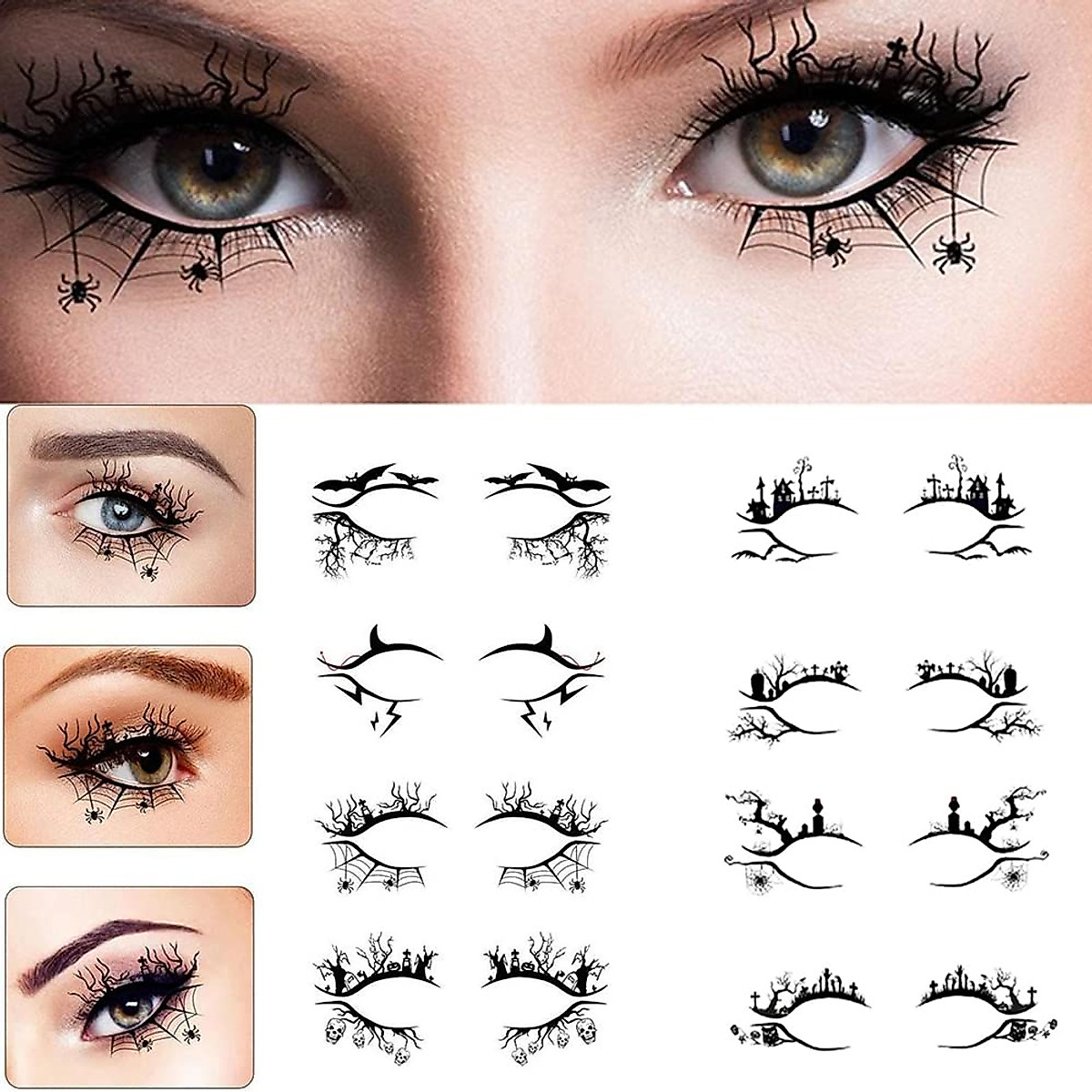 16pc /8 Pairs set Eye Shadow Temporary Eye Tattoo Stickers Women Halloween Party Eye Makeup Stickers Face Waterproof Fake Eyeshadow Eyeliner Tool