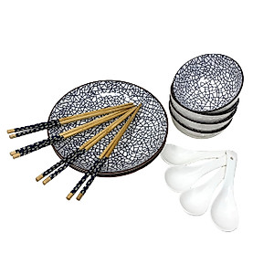 TJ Global 14-Piece Japanese Asian Cuisine Bowl Set with 4 Bowls, 4 Pairs of Chopsticks, 4 Soup Spoons and 2 Deep Plates for Serving Dinner, Rice, Soup, Dessert, Salad, Etc.