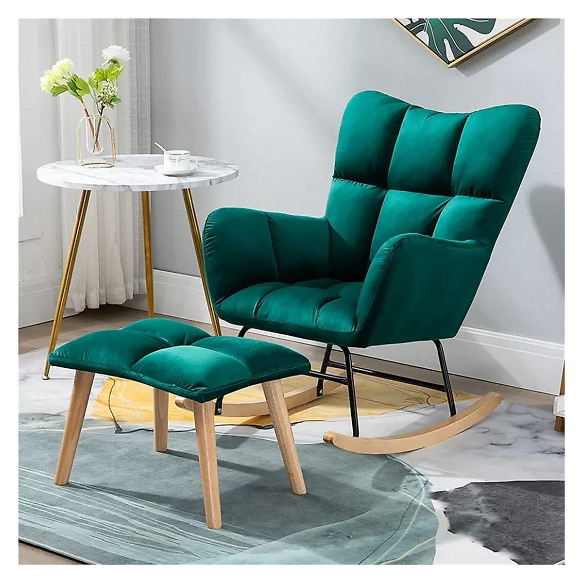 MEHWSUR Rocking Nursing Chairs Recliner Relax Rocker with Stool,Mid Century Teddy Rocking Chair Armchair Reading Chair Padded Seat Leisure Relax Chair for Living Room (Color : Green)