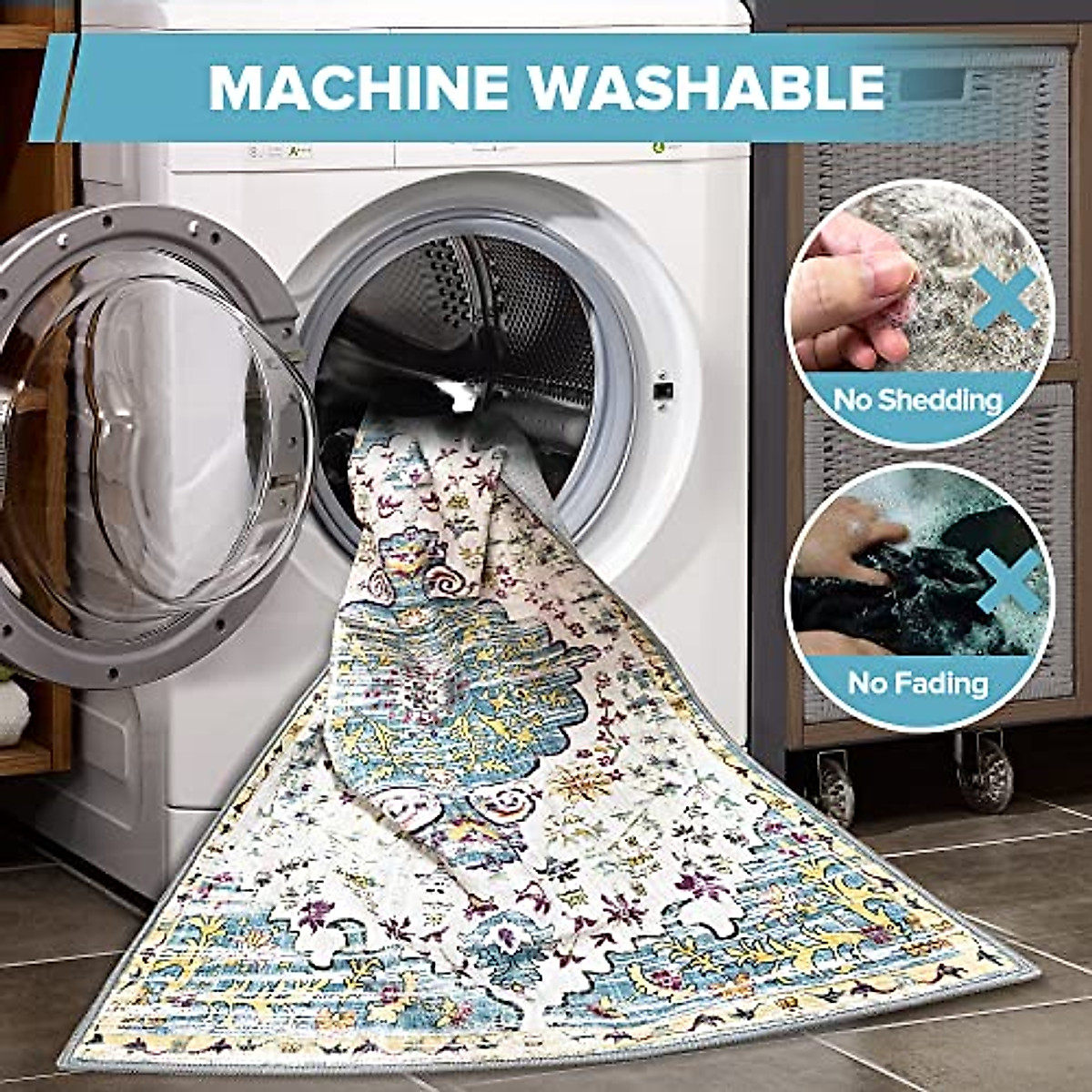 Pajata Light Blue and White Vintage 5X7 Area Rug Bohemian Floral Cover Print Distressed Carpet for Bedroom Living Room Non-Shedding