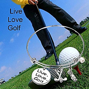 FEELMEM Golf Bracelet Live Love Golf Expandable Charm Bracelet Golf Jewelry Gift for Golf Lover/Golf Club/Golf Team（silver）
