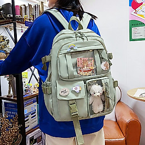 LELEBEAR Kawaii Backpack For School, Cute Bookbags With Kawaii Pin And Accessories For Teen Girls (Sage Green)
