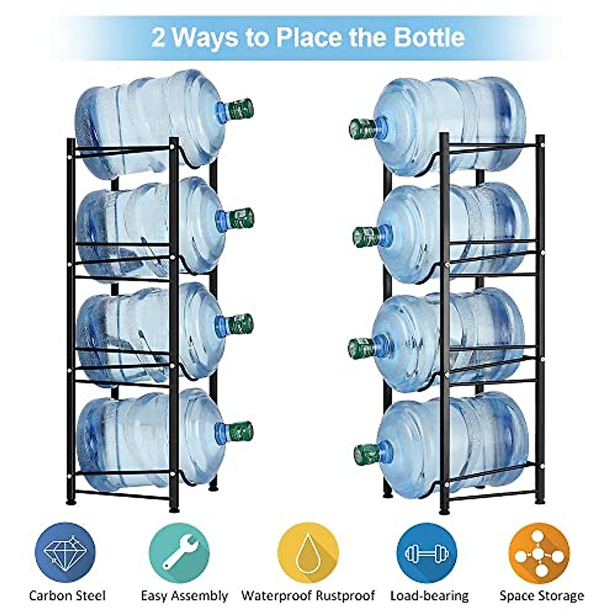 Water Jug Rack for 5 Gallon, Heavy Duty Water Cooler Jug Bottle Holder Save Space Detachable Water Bottle Plastic Glass Carrier Storage Shelf Organizer, 4-Tier, Black