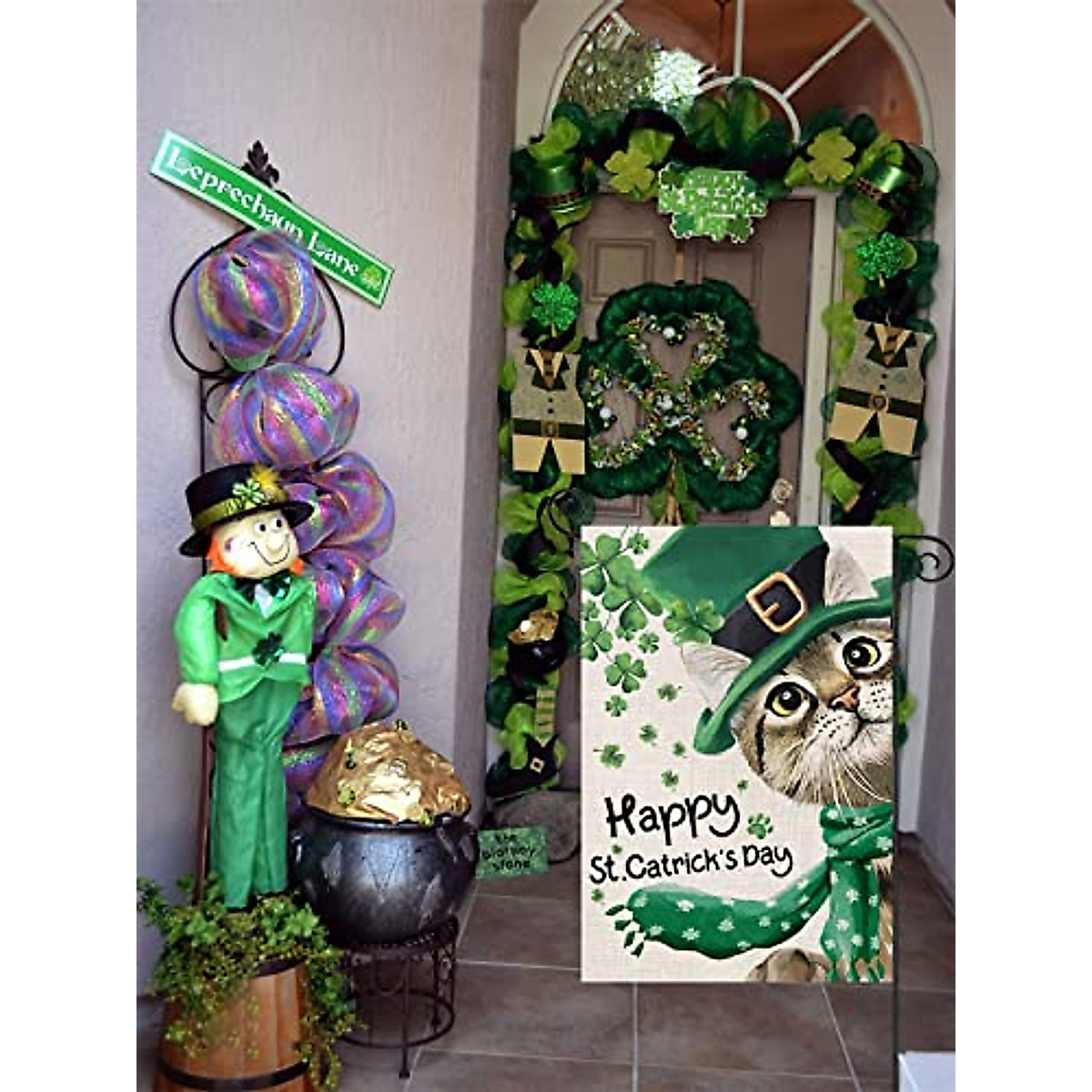 Happy St Patricks Day Garden Flag for Outdoor,Cat with Green Hat Scarf Shamrock Small Yard Flag,Spring Saint Patrick Decors for Outside Farmhouse Holiday 12x18 Double Sided