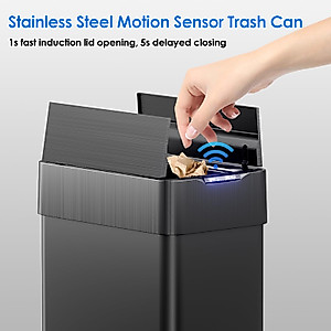 18.5/21.1 Gallon Automatic Trash Can, Stainless Steel Motion Sensor garbage bin, Smart Trash Can W/ Butterfly Lid, Bag Retainer Ring and Display Light for Living Room,Kitchen,Office (Black, 80L)