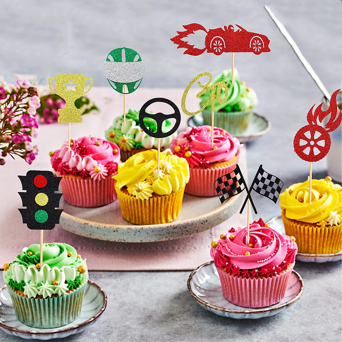 Arthsdite 24 PCS Race Car Cupcake Toppers Traffic Light Steering Wheel Trophy Flag Helmet Racing Car Cupcake Picks for Let's Go Racing Sports Theme Baby Shower Boys Birthday Party Cake Decorations