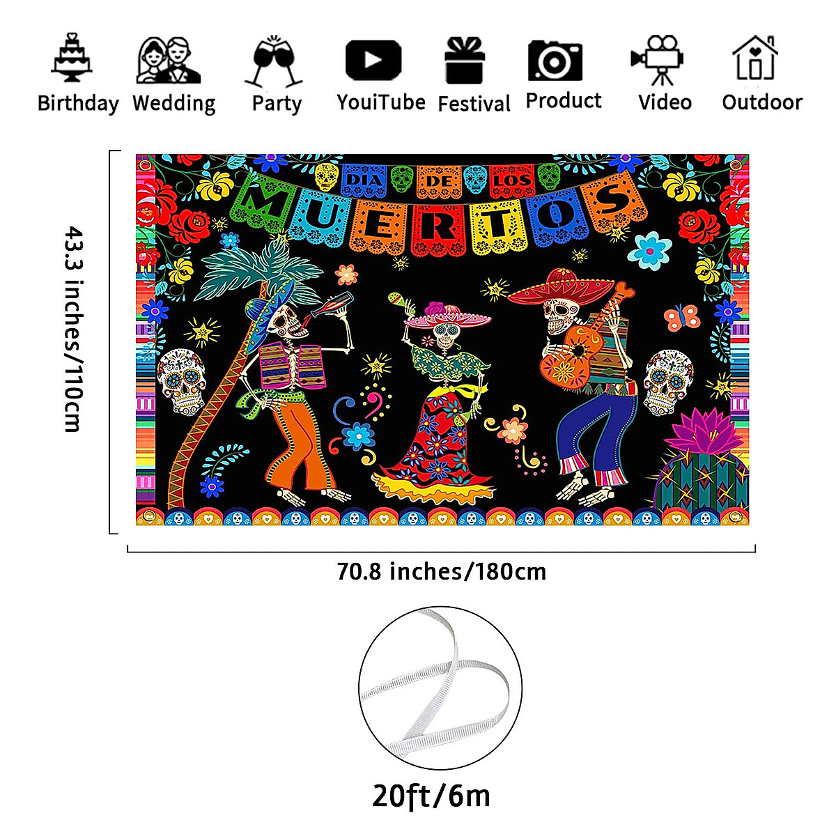 Avezano Day of The Dead Backdrop，70.8 x 43.3 Inch Mexican Dia DE Los Muertos Party Banner, Fiesta Sugar Skull Day of The Dead Banner Party Decorations Supplies