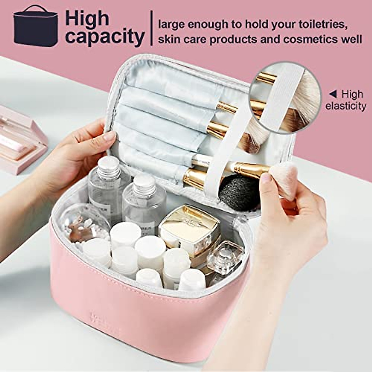 Makeup Bag Portable Travel Cosmetic Bag for Women, Beauty Zipper Makeup Organizer PU Leather Washable Waterproof (Pink)