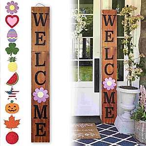 72in Outdoor Welcome Sign for Front Porch Decor, Interchangeable Seasonal Icons Vertical Welcome Sign, Modern Farmhouse Decor for The Home, Wooden Welcome Sign Rustic Brown (9.5" W x 72" H)