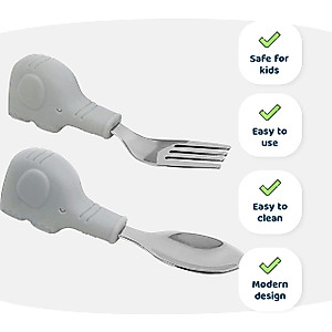 Tiny Twinkle Easy Grip Toddler Utensils Spoon and Fork Set - BPA & Phthalate Free Utensil Sets, Kids Silverware With Silicone Handle, Baby Led Weaning Supplies for 12 Months & Up (Grey Elephant)