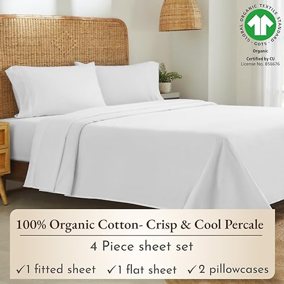 California Design Den 100% Organic Cotton Sheets for Queen Size Bed, Deep Pockets, Percale Sheets Queen, GOTS Certified, Soft Cooling Sheets, 4 Piece Bed Sheets Queen Sheet Set, White Sheets