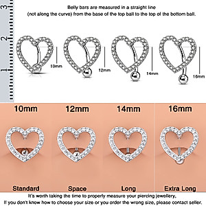 OUFER 16mm Belly Button Rings, Heart Reverse Navel Rings, Paved CZ Crystal Belly Piercing Jewelry, 14G Surgical Steel Curved Barbells for Women
