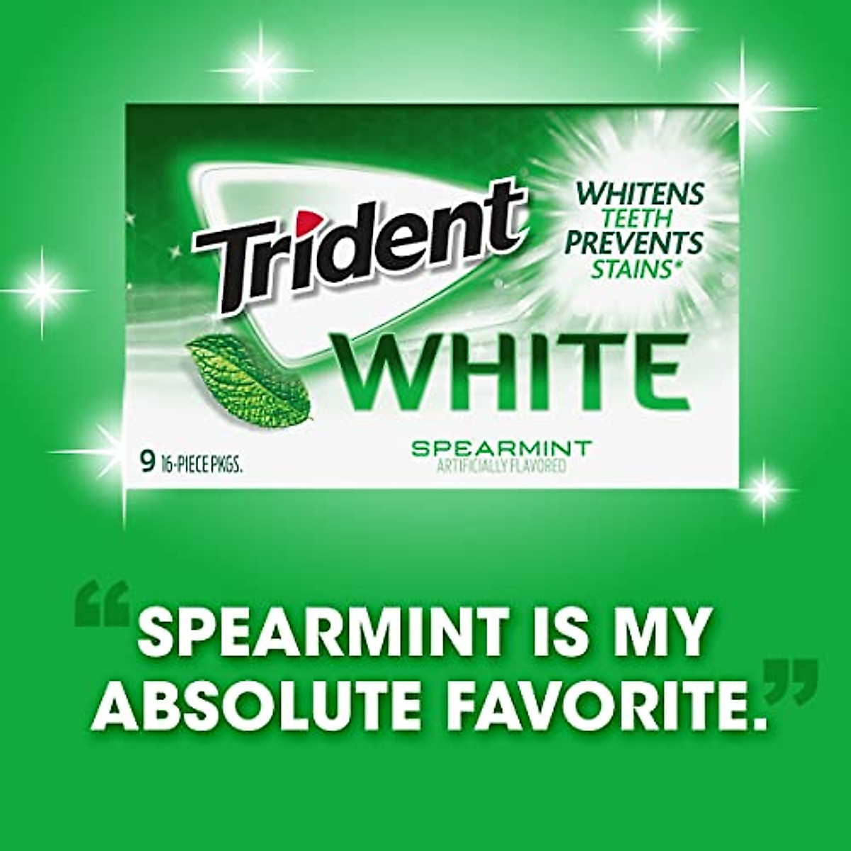 Trident White Spearmint Sugar Free Gum, 9 Pack of 16 Pieces (144 Total Pieces)