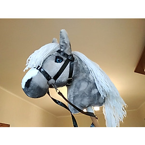 Gray stick hobby horse A4 Realistic plush handmade toy horse with bridle