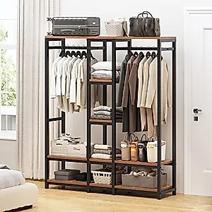 DlandHome Free Standing Closet Organizer, Heavy Duty Garment Rack with Storage Shelves Wardrobe Closet Storage with Shelves with 2 Rods Large Clothing Rack for Hallway, Bedroom,10ZXJHUT-YJ15