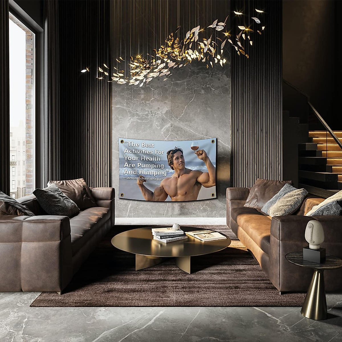 Arnold Schwarzenegger "The best activities for your health are Pumping and Humping" 3x5 Feet Flag Funny Poster Durable Man Cave Wall Flag with Brass Grommets This beautiful entertaining banner flag for College Dorm Room Decor,Outdoor,Parties gifts, travel