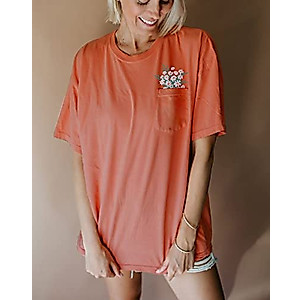 TELULYOO Womens Wildflower Oversized T Shirts Summer Tops Short Sleeve Crewneck Cute Shirts Graphic Tees with Pocket(Orange,XL)