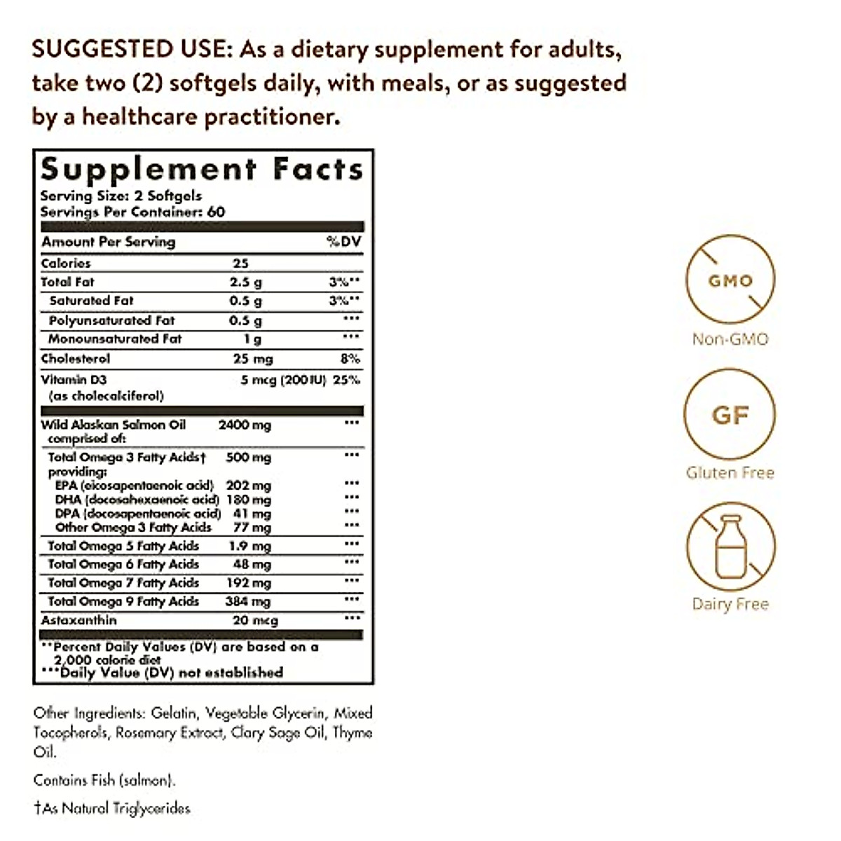 Solgar Wild Alaskan Full Spectrum Omega Softgels Supports Heart Brain Bone and Skin Health Provides Vitamin D3 Rich Source of EPA DHA Non GMO Gluten & Dairy Free 60 Servings, 120 Count