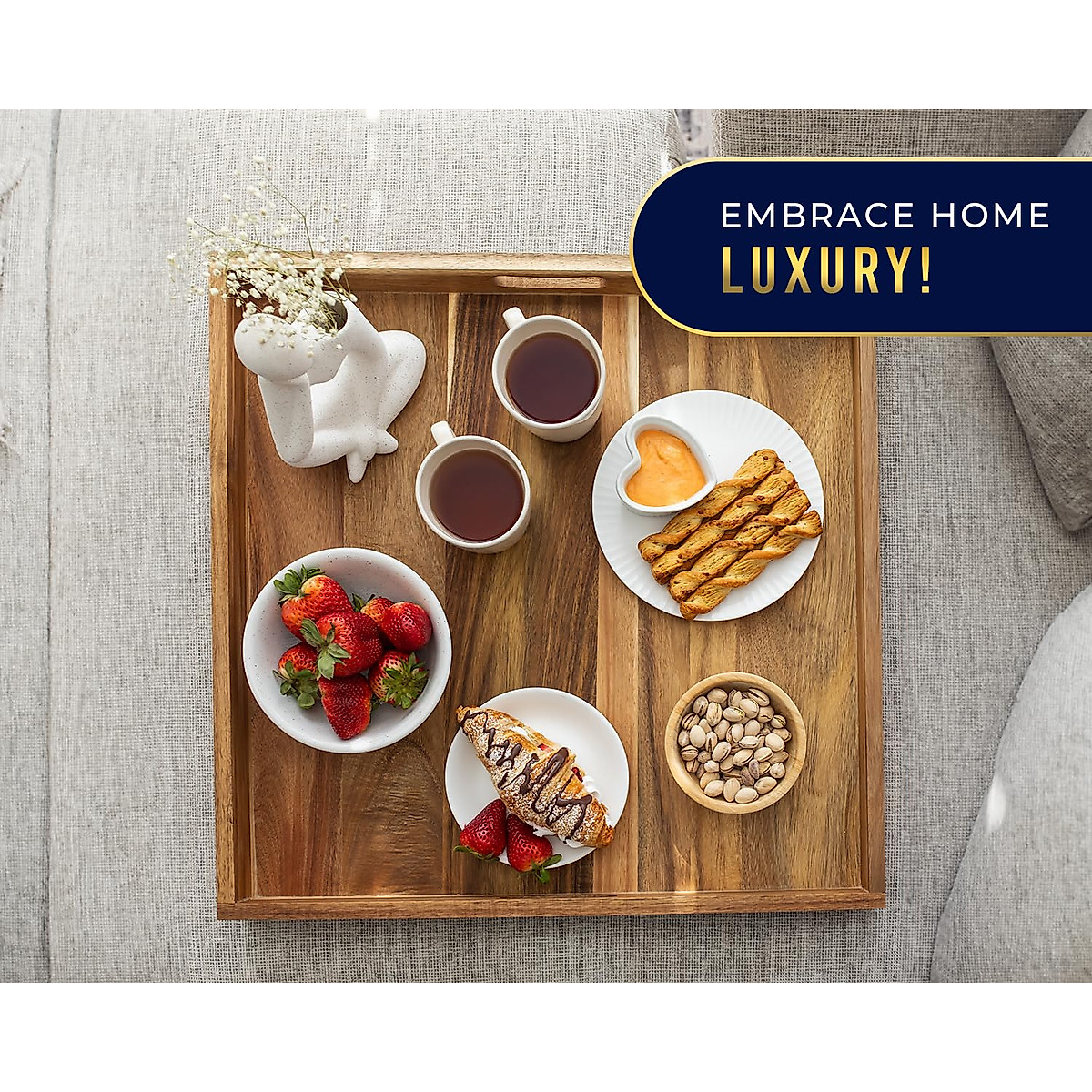 Extra Large (22") Square Premium Acacia Wood Ottoman Tray with Handles - Use for Serving Food in Style for Dinner, Breakfast, Snacks, BBQ, Entertaining Guests & More