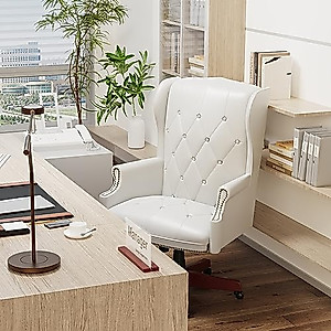 High Back Leather Executive Office Chair, 330LBS Heavy Duty Ergonomic Design Thick Padded Seat and Backrest, Button Tufted Styling Reclining Comfortable Desk Chair for Home, Executive, Office - White