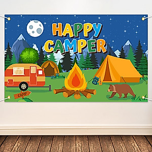 Avezano Happy Camper Banner Camping Party Decorations Campfire Forest Adventure Photography Backdrop for Kids Camp Theme Birthday Baby Shower Party Supplies (Style 1, 71x43inch)