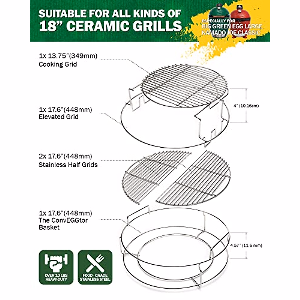 BBQ Expander Rack Kit, Big Green Egg Grill Accessories Large - Includes 2-Piece Multi-Function Rack, 1-Piece Conveggtor Basket, 2 Half-Moon Grids, Heavy-Duty Stainless